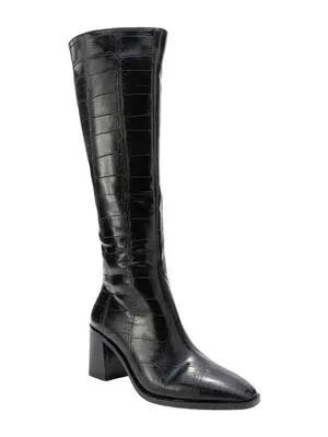 PROLOGUE SHOES Venia Knee High Block Heel Boots - Black Print Faux Leather