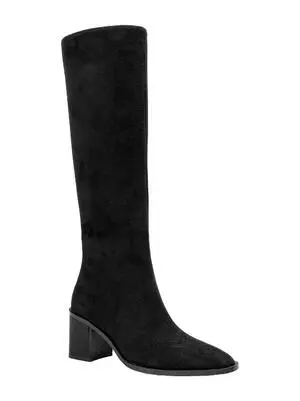 PROLOGUE SHOES Venia Knee High Block Heel Boots - Black Suede Faux Leather