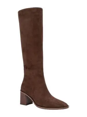 PROLOGUE SHOES Venia Knee High Block Heel Boots - Brown Suede Faux Leather