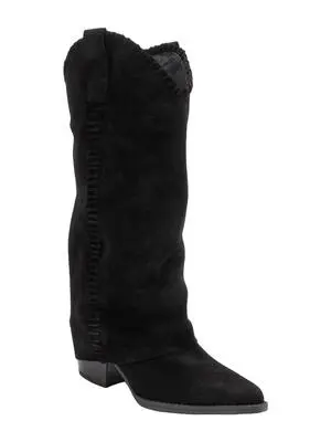 FOREVER & ALWAYS SHOES Clementina Leather Western Boot Black Suede Leather