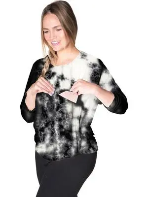 BUN MATERNITY NURSING APPAREL Bliss Long Sleeve Nursing Top - Black White Tie Dye Mist
