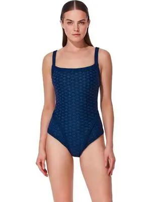 GOTTEX Scaled Up Square Neck Knit One Piece - Navy-turquoise