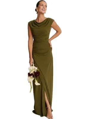SIX STORIES Cowl Gathered Short Sleeve Bridesmaid Dress - Fern