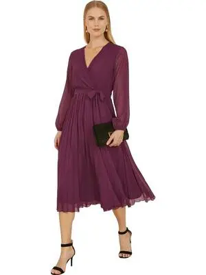 YUMI Long Sleeved Pleated Midi Wrap Dress - Plum