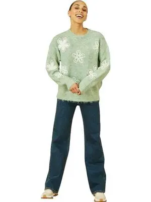 YUMI Crochet Flower Knit Relaxed Sweater - Sea Green