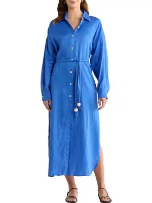 Elan Linen Maxi Shirtdress - Sapphire Blue