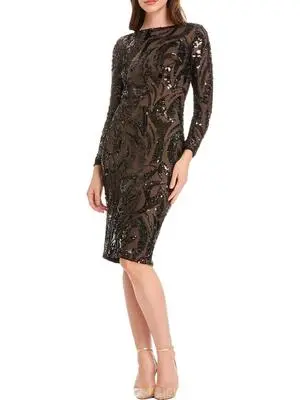 Dress The Population Emmalyn Sequin Long Sleeve Cocktail Midi Dress - Black/beige