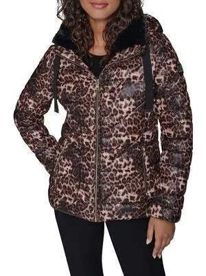 Karl Lagerfeld Paris Logo Tape Faux Fur Collar Puffer Jacket - Leopard