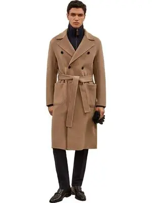 REISS Sangiovese Atelier Double-breasted Tie-waist Overcoat - Camel Brown