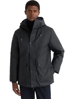 Rains Short Hooded Parka Coat - Navy
