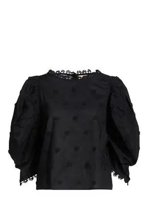 Farm Rio Woven Top With Floral Appliqués - Black