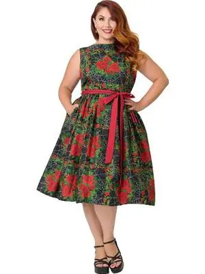 Unique Vintage Sleeveless Belted Swing Dress - Black/red