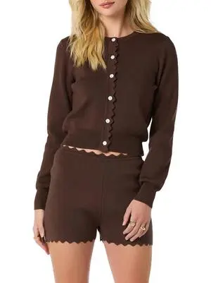 Astr The Label Scalloped Placket Crop Cardigan - Brown
