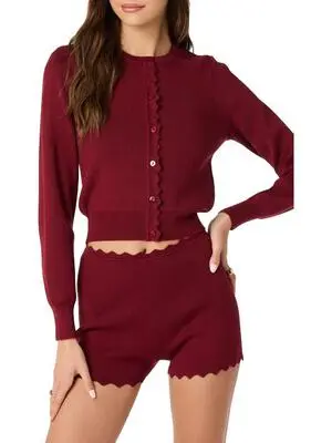 Astr The Label Scalloped Placket Crop Cardigan - Burgundy
