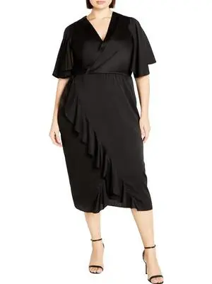 City Chic Sateen Faux Wrap Midi Dress - Black