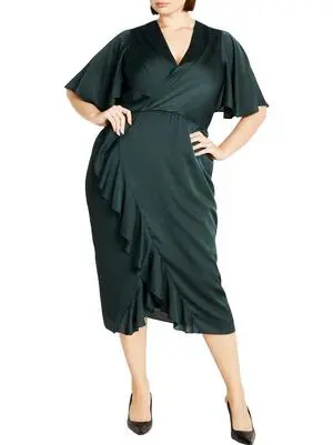 City Chic Sateen Faux Wrap Midi Dress - Emerald