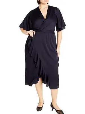 City Chic Sateen Faux Wrap Midi Dress - Navy