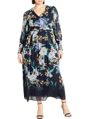 City Chic Nadia Floral Print Long Sleeve Maxi Dress - Navy Floral Print