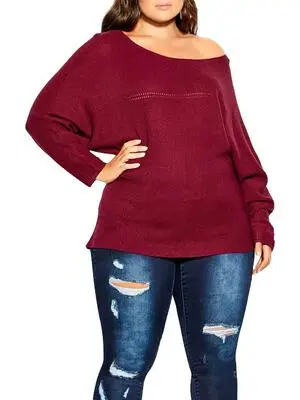 City Chic Romance One-Shoulder Sweater Red