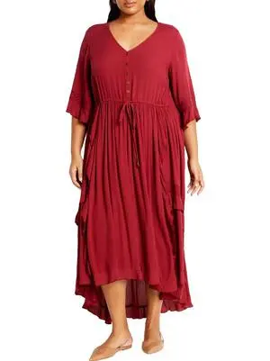 City Chic Rosie Lace Trim High-low Maxi Dress - Red