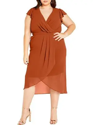 City Chic Pleated Flutter-sleeve Midi Dress - Honey
