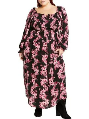 City Chic Calla Print Long Sleeve Maxi Dress - Black/pink Floral