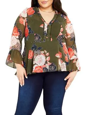 City Chic Floral Print High-low Peplum Top - Green Floral