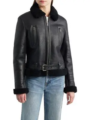 Frye Leather Jacket With Genuine Shearling Trim - Black
