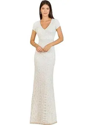 LARA NEW YORK Beaded V-neck Gown With Cap Sleeves - Ivory