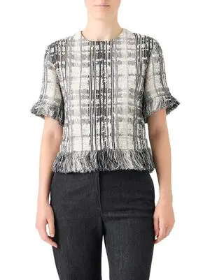 Akris Fringe Plaid Tweed Top - Black-ivory