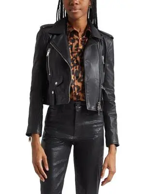 L'Agence Blakely Cropped Leather Biker Jacket - Black