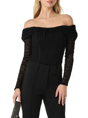 Astr The Label Off-the-shoulder Lace Top With Corset Seams - Black