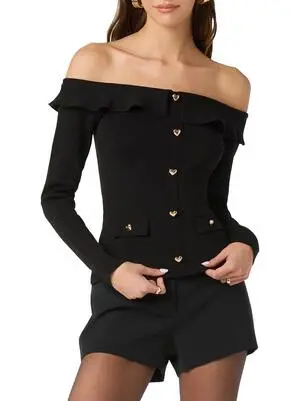 Astr The Label Heart Button Off-the-shoulder Sweater - Black