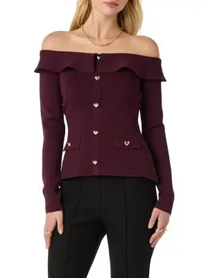 Astr The Label Heart Button Off-the-shoulder Sweater - Burgundy