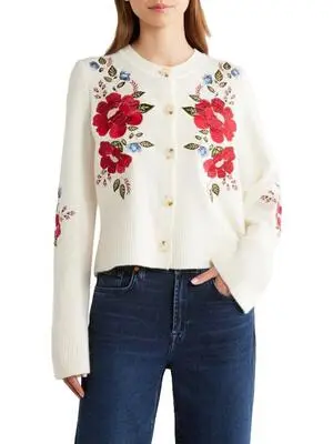 Farm Rio Embroidered Flowers Wool Cardigan - Cream