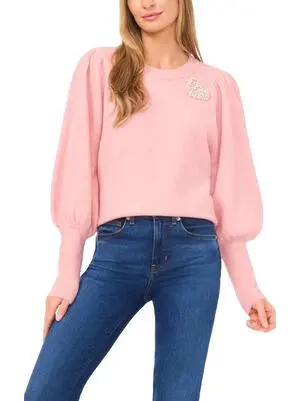 CECE DUPRAZ Faux Pearl Heart Embellished Crewneck Sweater - Coral Blush