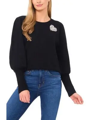 CECE DUPRAZ Faux Pearl Heart Embellished Crewneck Sweater - Rich Black