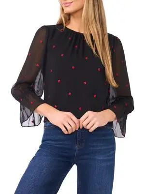 CECE DUPRAZ Embroidered Heart Bell Sleeve High-Low Top