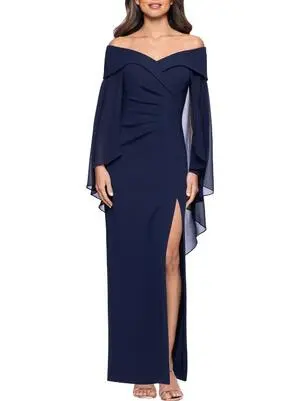 XSCAPE EVENINGS Off-the-shoulder Capelet Cocktail Dress - Navy