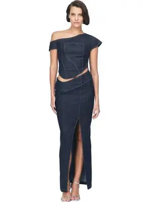 JENDUE Vonk Asymmetric Dark Wash Denim Midi Skirt - Blue