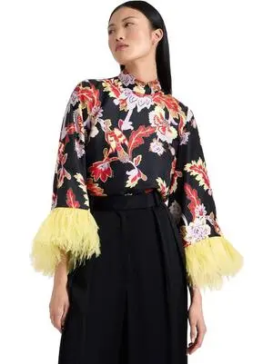 La DoubleJ Make An Exit Feather-trimmed Silk Top - Lark Black