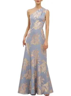 KAY UNGER Gianella Floral Metallic Jacquard One-shoulder Gown - Blue Bird