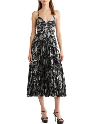Astr The Label Saoirse Floral Metallic Pleated Mini Dress - Black Silver
