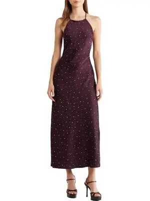 Astr The Label Halley Rhinestone Open Back Satin Midi Dress - Deep Purple