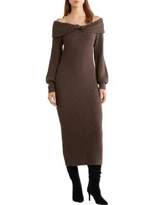 Astr The Label Tilde Long Sleeve Rib Sweater Dress - Walnut