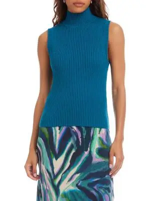 Karen Kane Sleeveless Ribbed Turtleneck Sweater - Teal