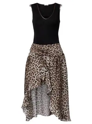 JACQUES WEI Lace-trimmed Leopard-print Asymmetric Midi Dress - Black