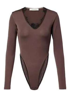 JACQUES WEI Lace-trimmed Bodysuit - Brown