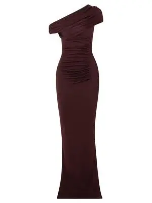 SELF-PORTRAIT Off-the-shoulder Draped Knitted Maxi Dress - Brown