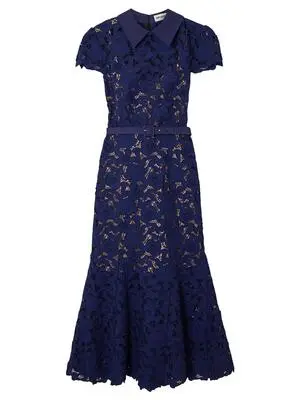 SELF-PORTRAIT Belted Guipure Lace Midi Dress - Blue